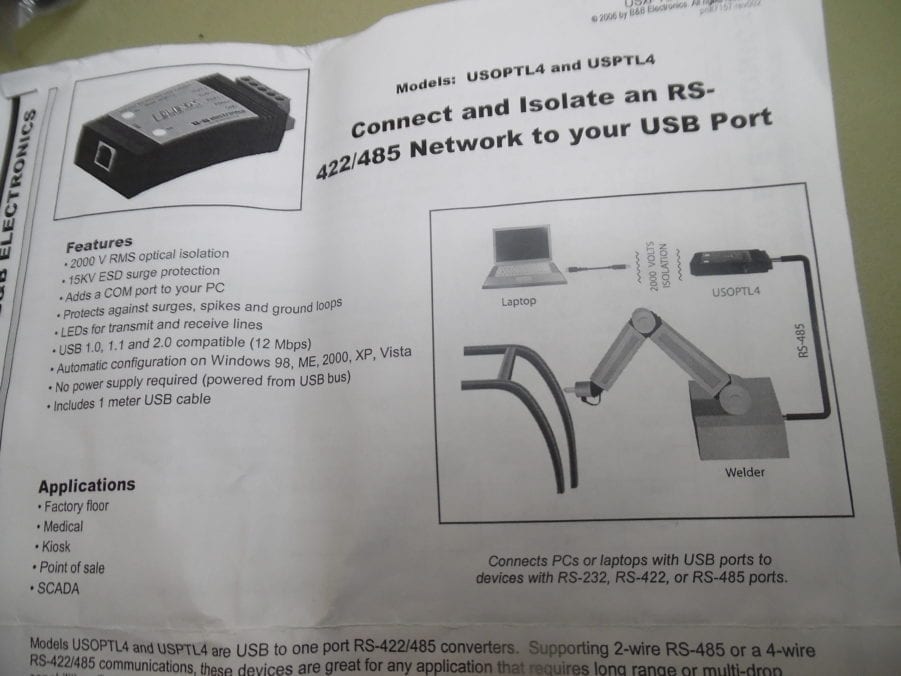 B&B ELECTRONICS USPTL4 ULINK USB TO RS-422 / RS-485 CONVERTER W ...