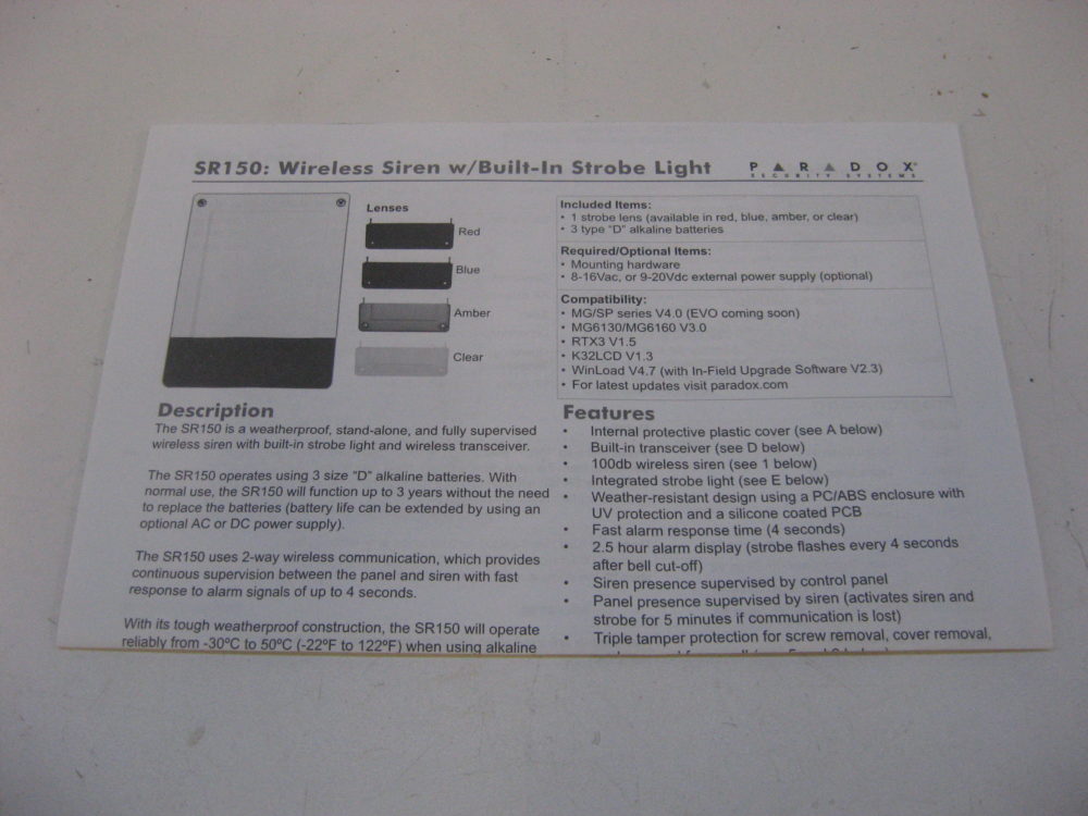 Paradox / GOST SR150 Wireless Siren w/ Built-in Strobe - Free US ...