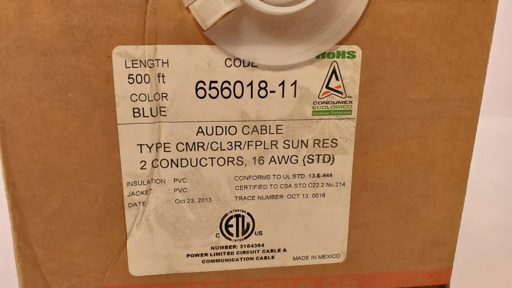 16/2 16 AWG CMR/CL3R/FPLR Sun Resistant 2 Conductor Audio Cable - Blue ...
