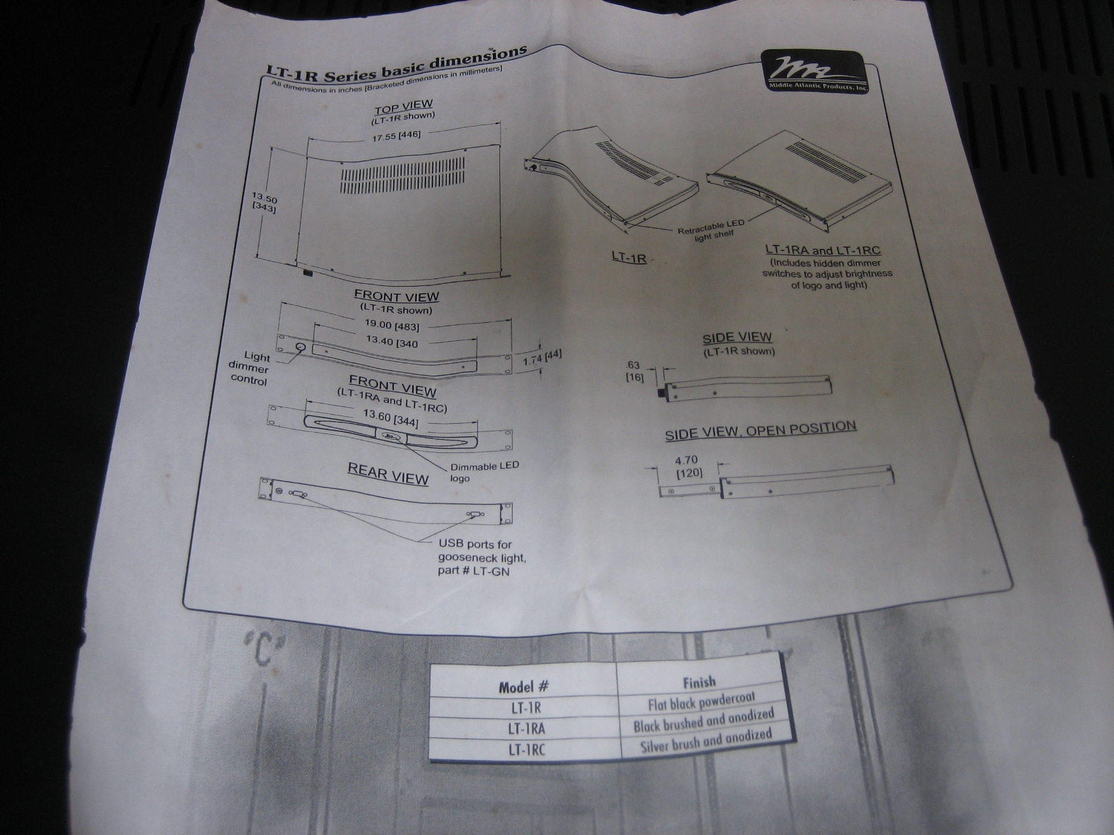 Middle Atlantic LT-1RA *LIT LOGO FRONT* *Dimmable* Rack Mounted Light ...