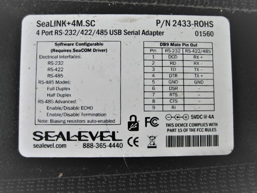 SeaLevel/SeaLink USB to 4-Port DB9 Serial Interface Adapter - 2433 ...