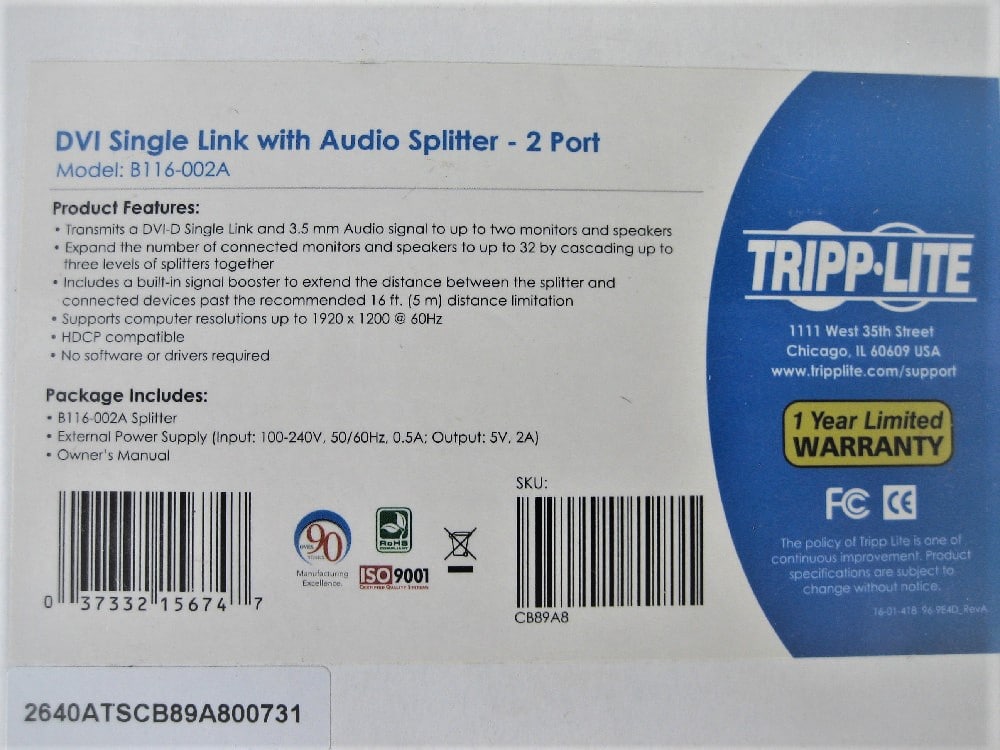 Tripp Lite - 2-Port DVI Splitter w/ Audio & Signal Booster B116-002A ...