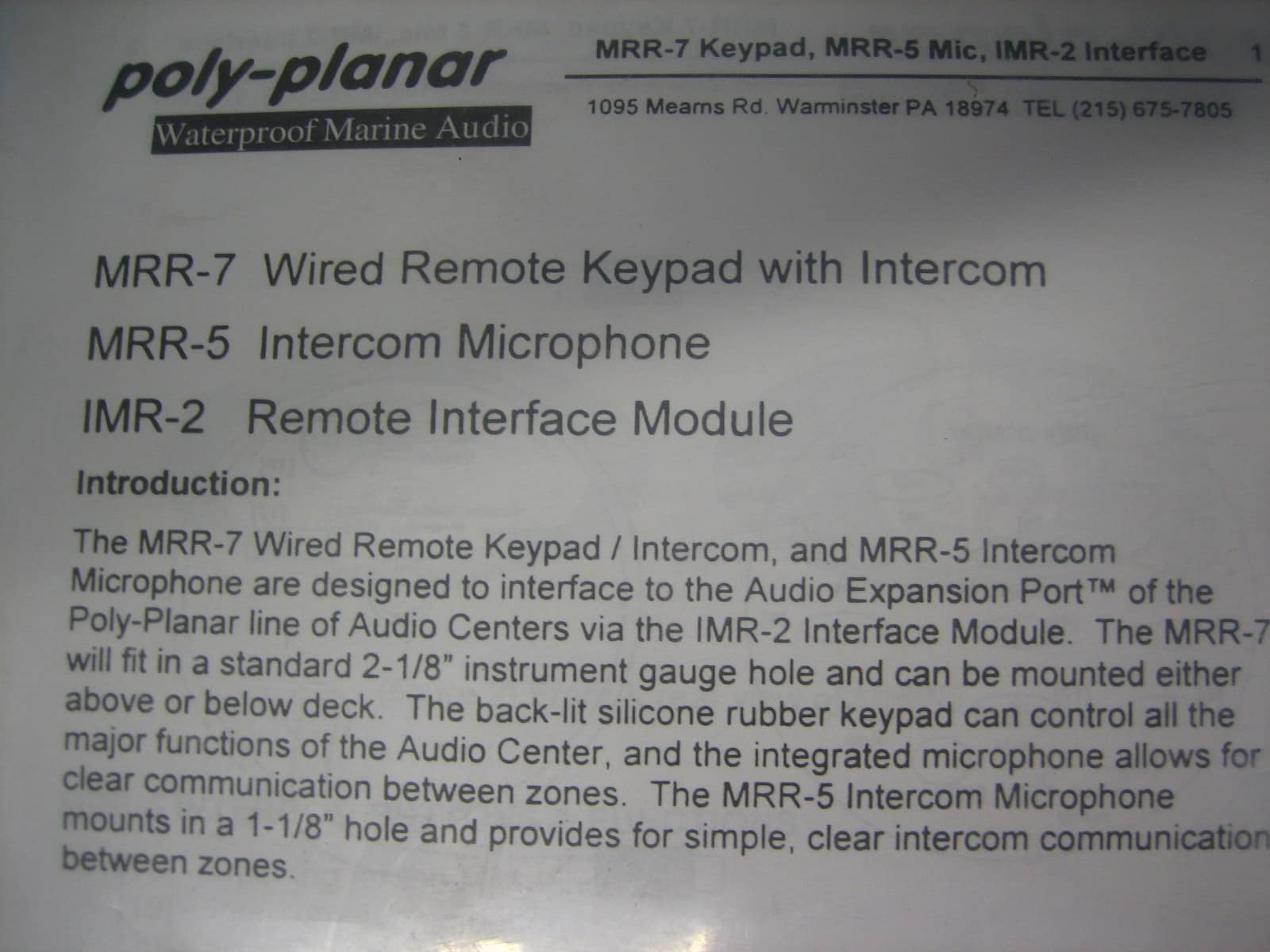 Poly Planar IMR 2 I-MR-2 Wired Keypad Interface (for MRR-7 & MRR-5 ...