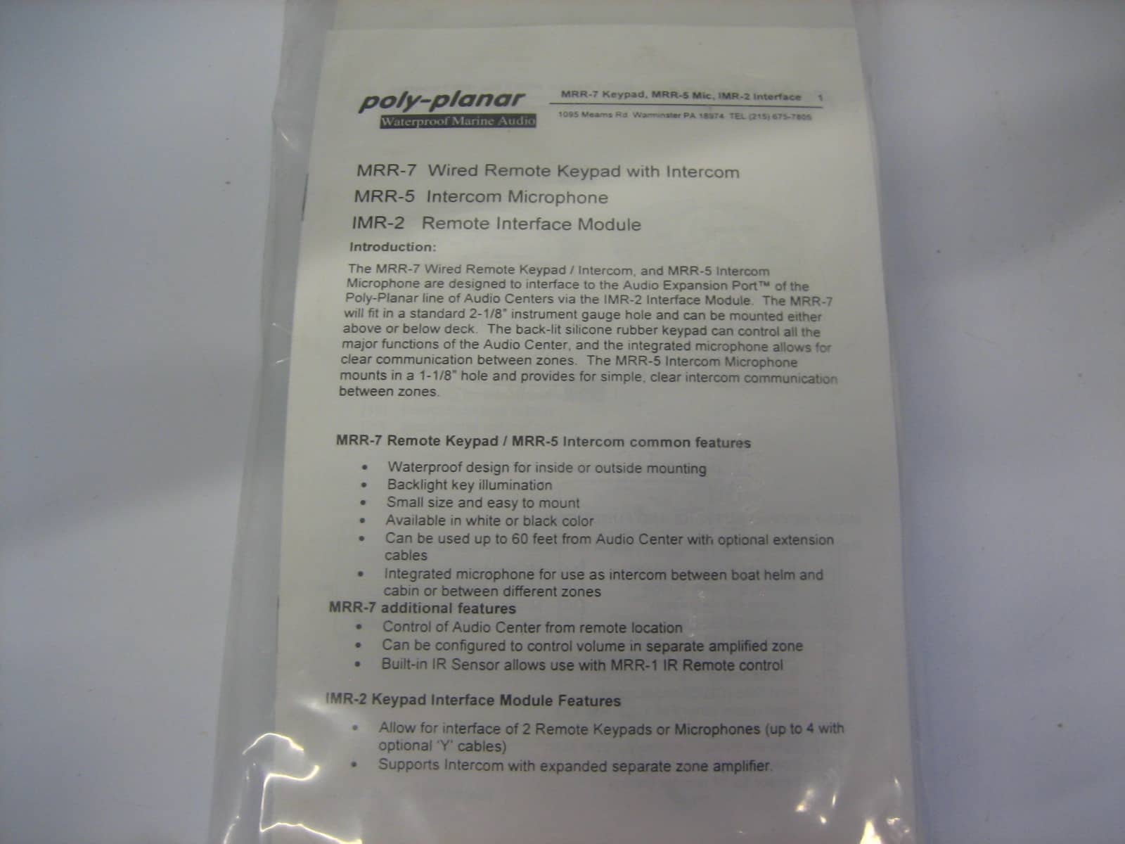 Poly Planar IMR 2 I-MR-2 Wired Keypad Interface (for MRR-7 & MRR-5 ...