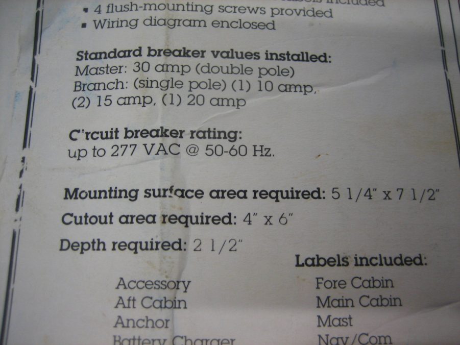 Newmar AC-1 Marine Boat Electrical AC Master Breaker Panel w/ Labels ...