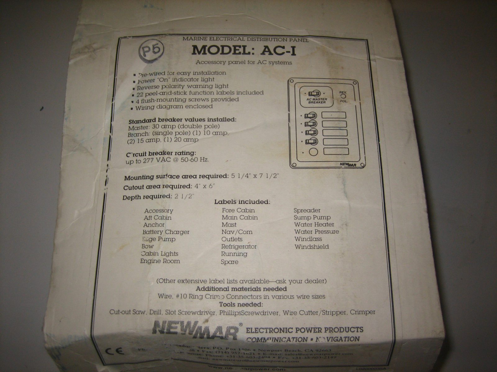 Newmar AC-1 Marine Boat Electrical AC Master Breaker Panel w/ Labels ...