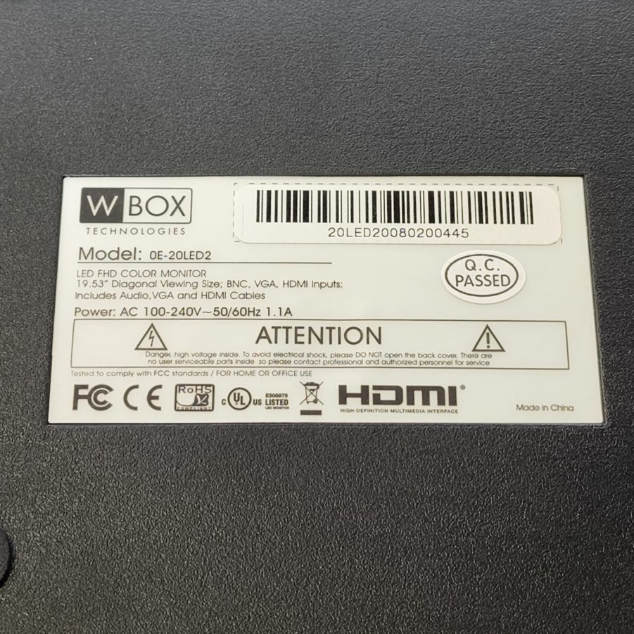 W Box 0E-20LED2 20" Full-HD IPS 16:9/4:3 Monitor with HDMI/VGA/BNC -New ...