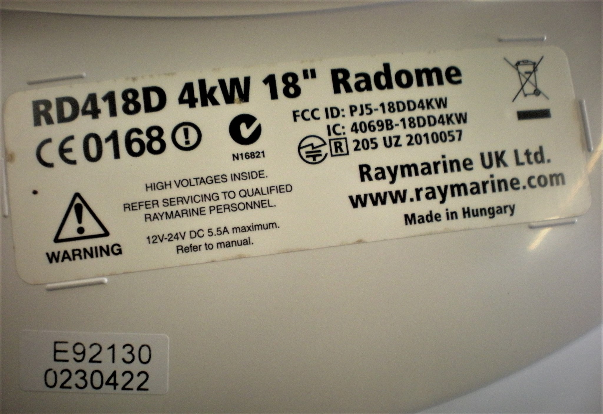 Raymarine RD418D 4kw 18” Digital Radome with NEW 10m Cable – Good ...