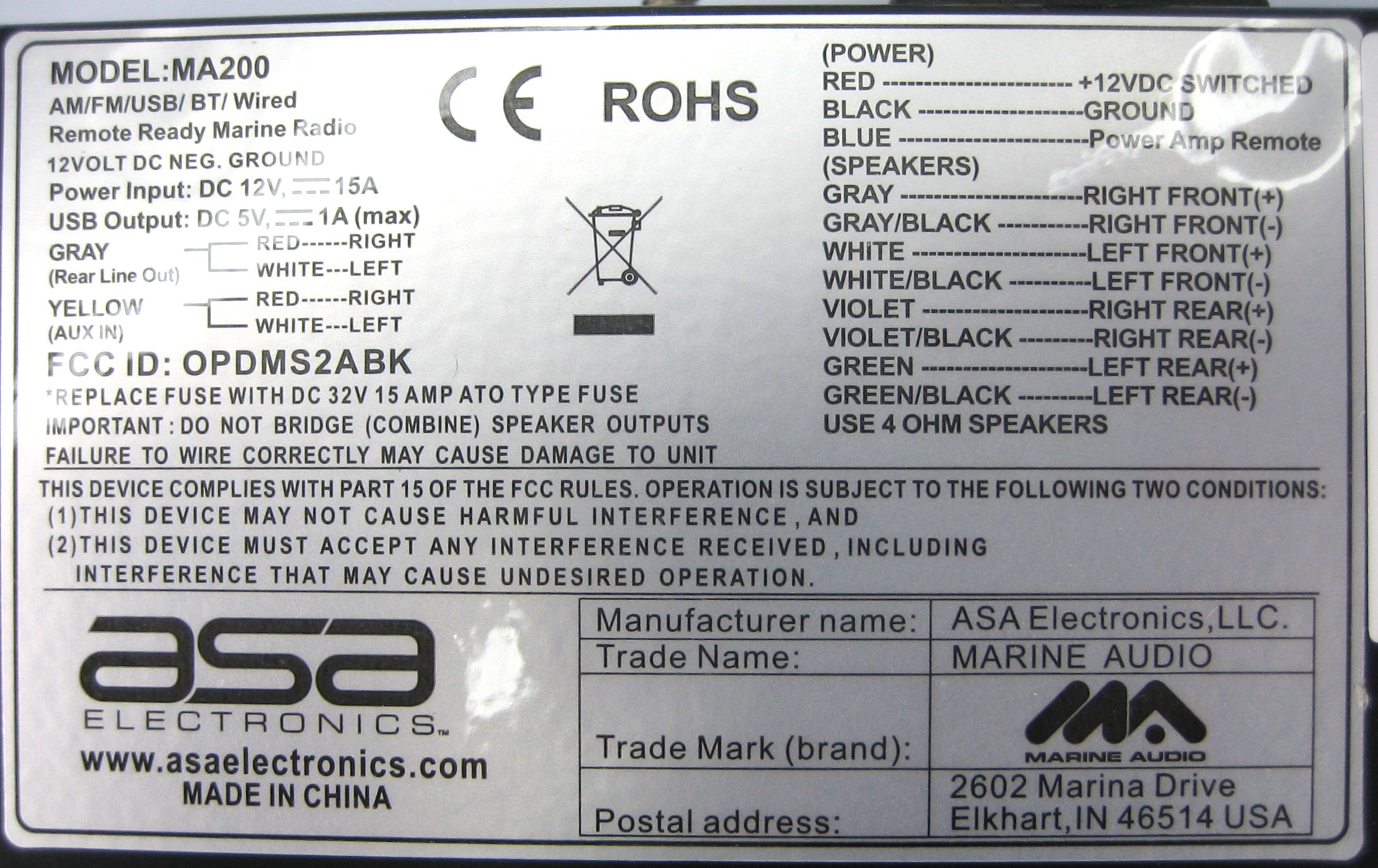 ASA Electronics MA200 AM FM USB BT Stereo Head - Max Marine Electronics
