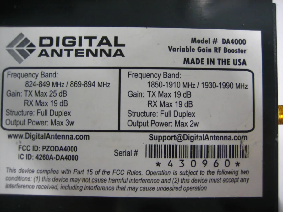 Digital Antenna DA4000 Variable Gain RF Cell Phone Signal Booster ...