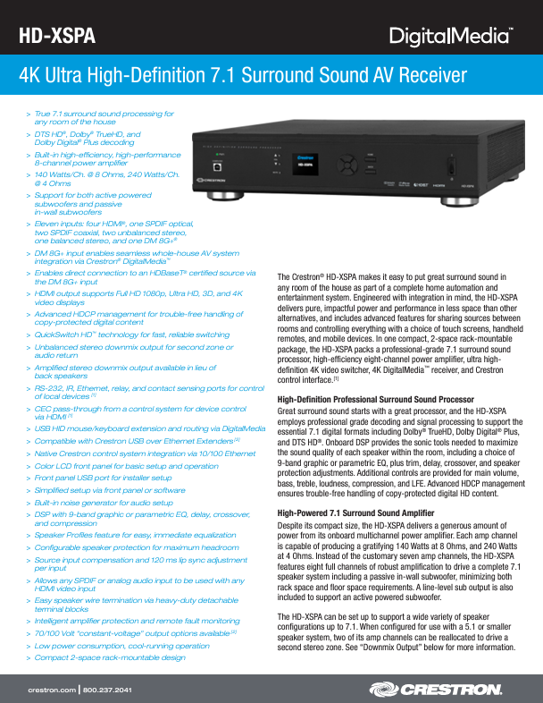 Crestron HD-XSPA 4K HD 7.1 Surround Sound Home Automation Rack Mount ...
