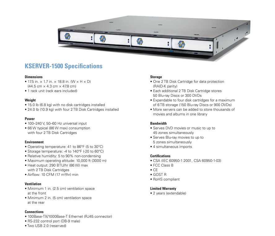 Kaleidescape KSERVER-1500 1U Media Server - 18 TB Capacity - For Parts ...