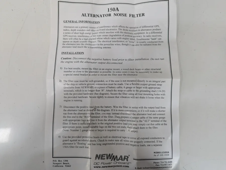 Newmar 150A Alternator Noise Filter P/N: 380-1150-0 NEW- Open Box - Max ...