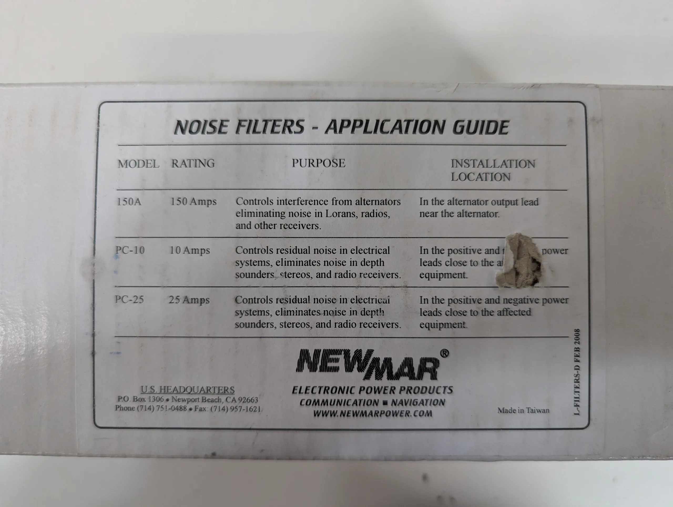 Newmar 150A Alternator Noise Filter P/N: 380-1150-0 NEW- Open Box - Max ...