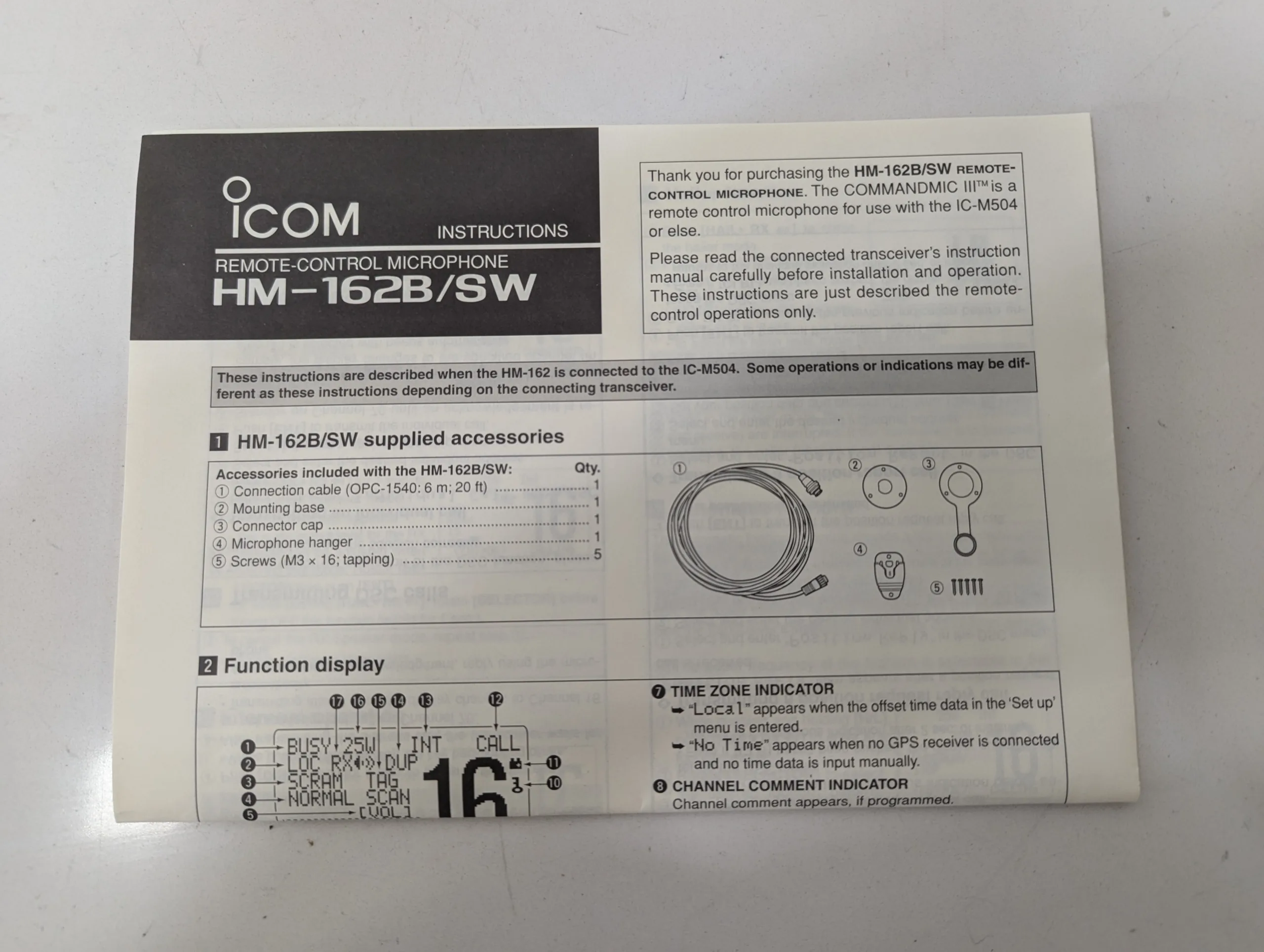 Icom HM-162B Commandmic III Second Station Handset for M504/M604 - New ...