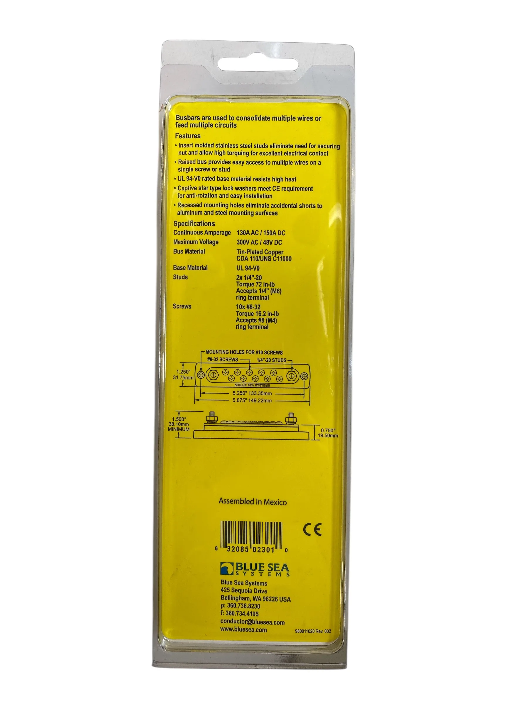 Blue Sea Systems 2301 1/4"-20 Stud 10-Gang BusBar 150A DC 130A AC **New ...