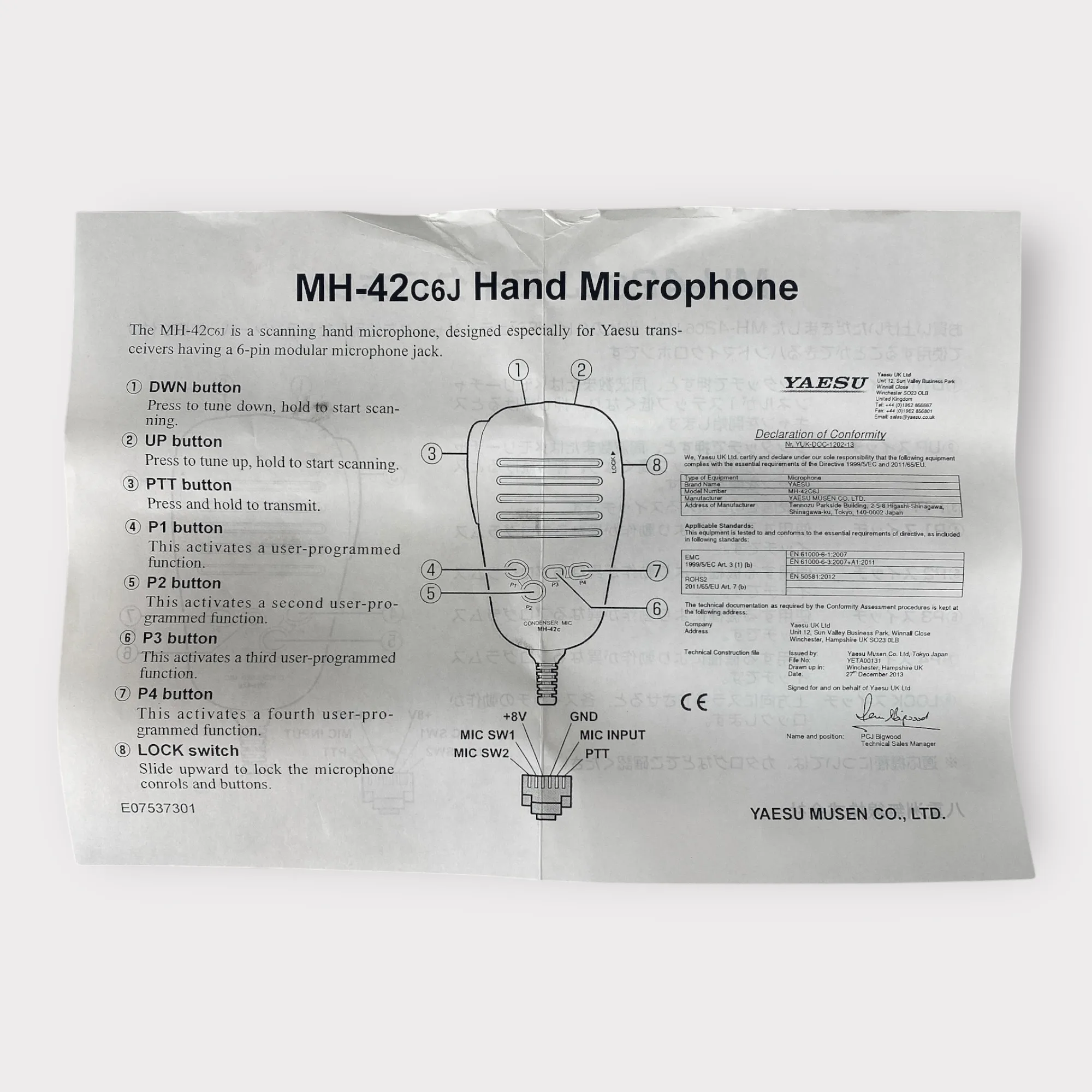 Yaesu Musen MH-42C6J Scanning Hand Microphone 6-Pin RJ11 **New** - Max ...