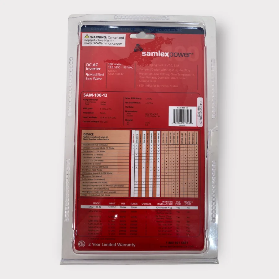 Samlex SAM-100-12 DC/AC Inverter 12VDC-115VAC 100 Watts **New** - Max ...