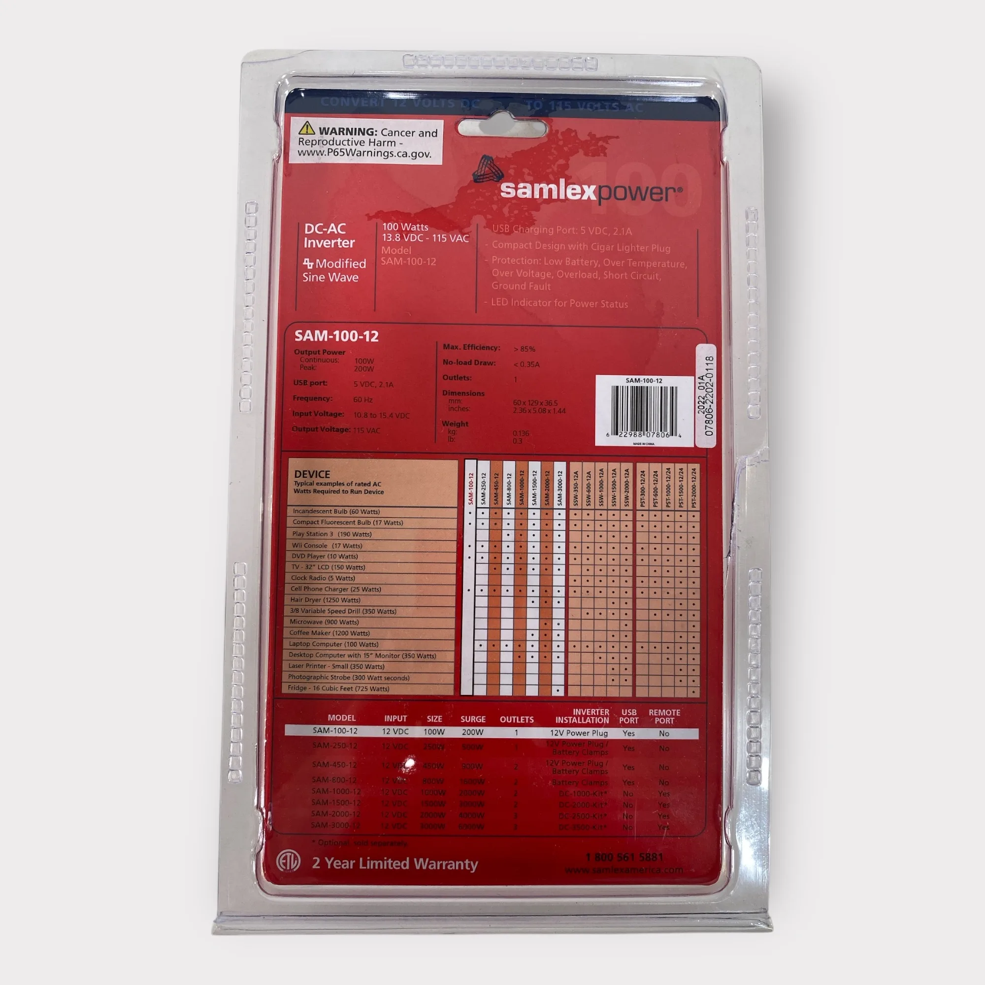 Samlex SAM-100-12 DC/AC Inverter 12VDC-115VAC 100 Watts **New** - Max ...