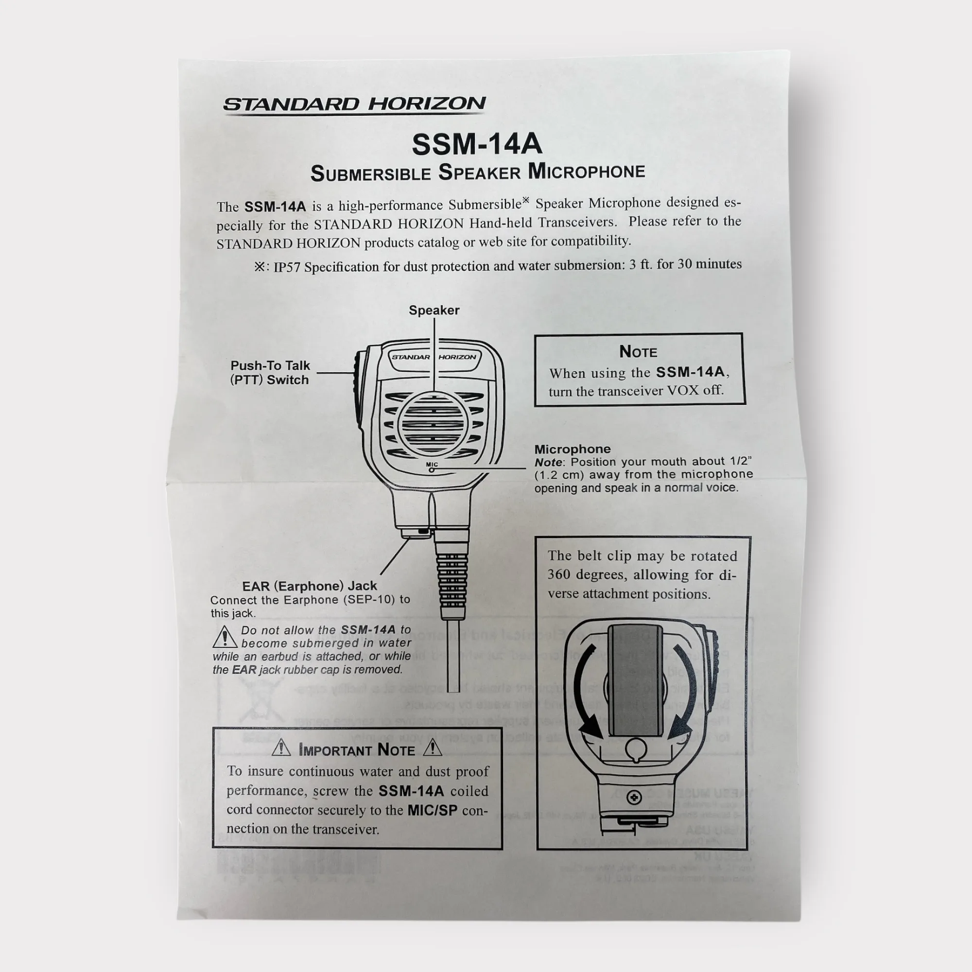 Yaesu Standard Horizon SSM-14A Submersible Speaker Mic For Select ...