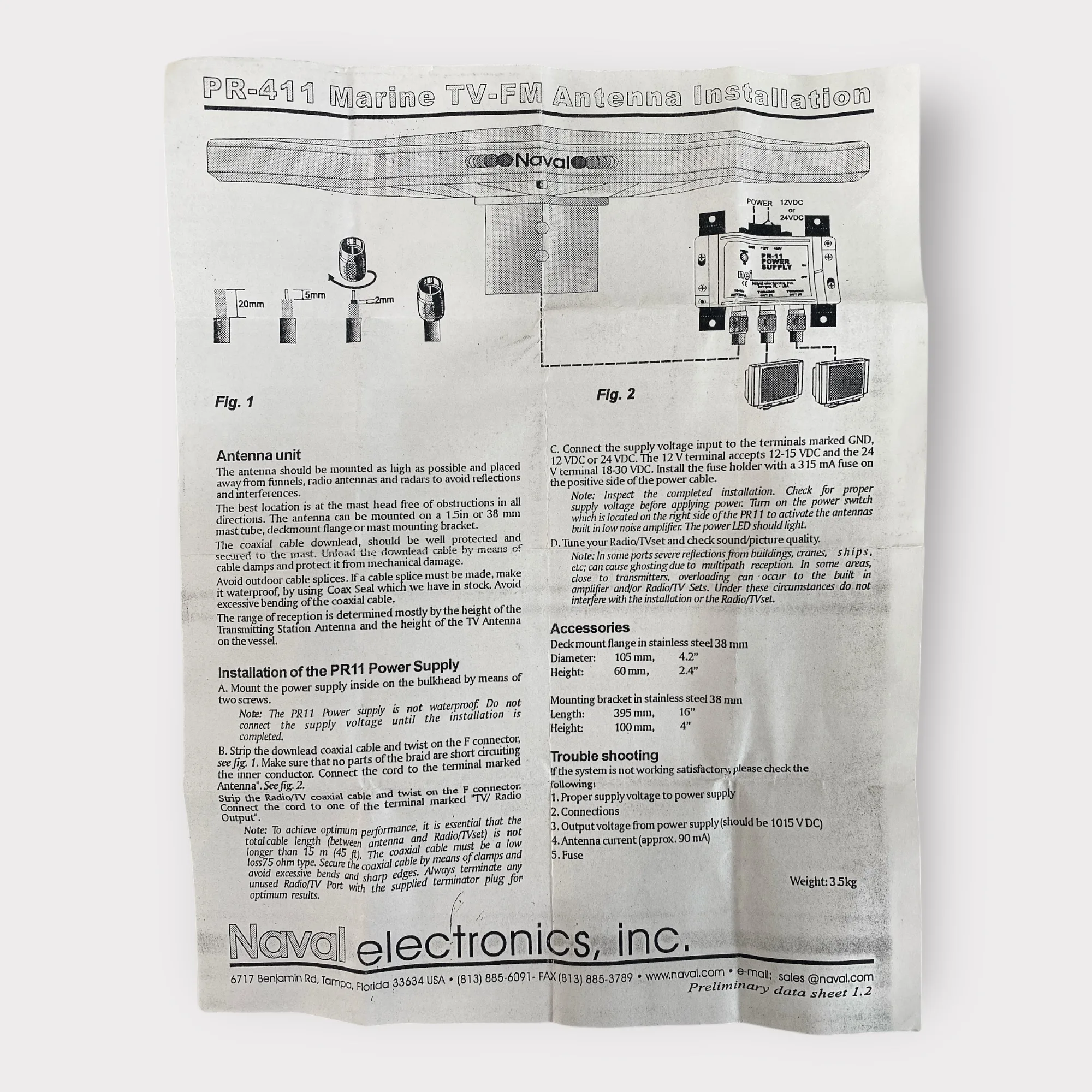 Naval PR-11 Active Antenna Power Supply For Marine/MATV Antennas **New ...