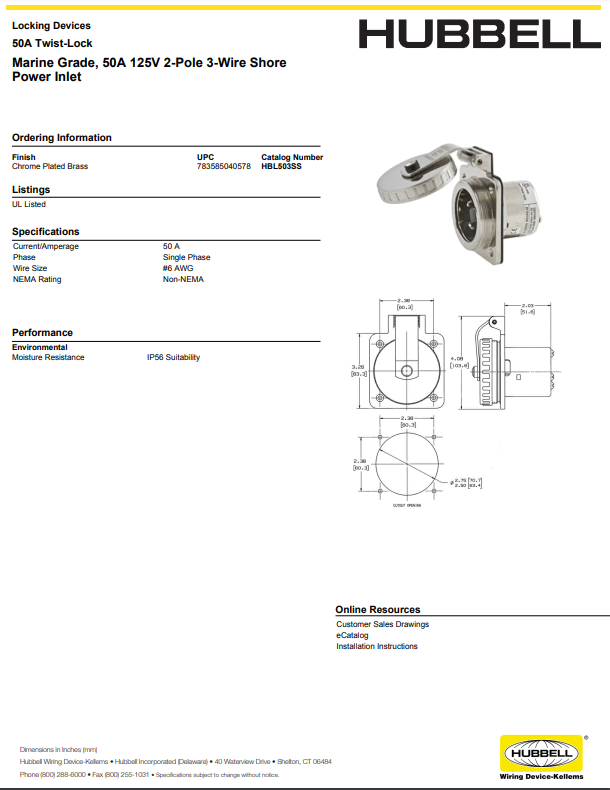 Hubbell HBL503SS Round Shore Power Inlet 125V 50A Chrome Plated Never ...