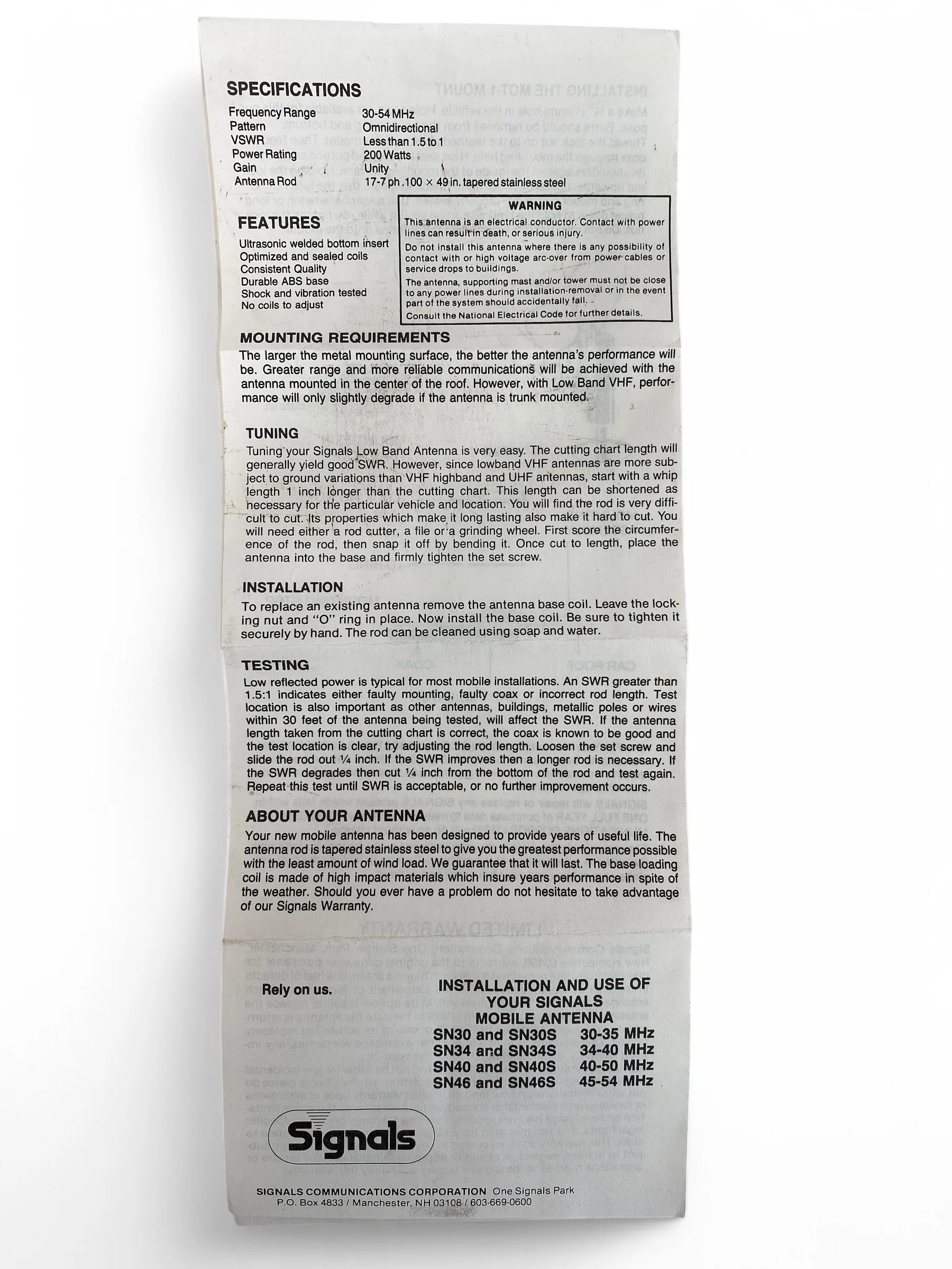 Signals SN30 49" Low Band VHF (30-35 MHz) 3/4" NMO Mount Antenna **Lot ...