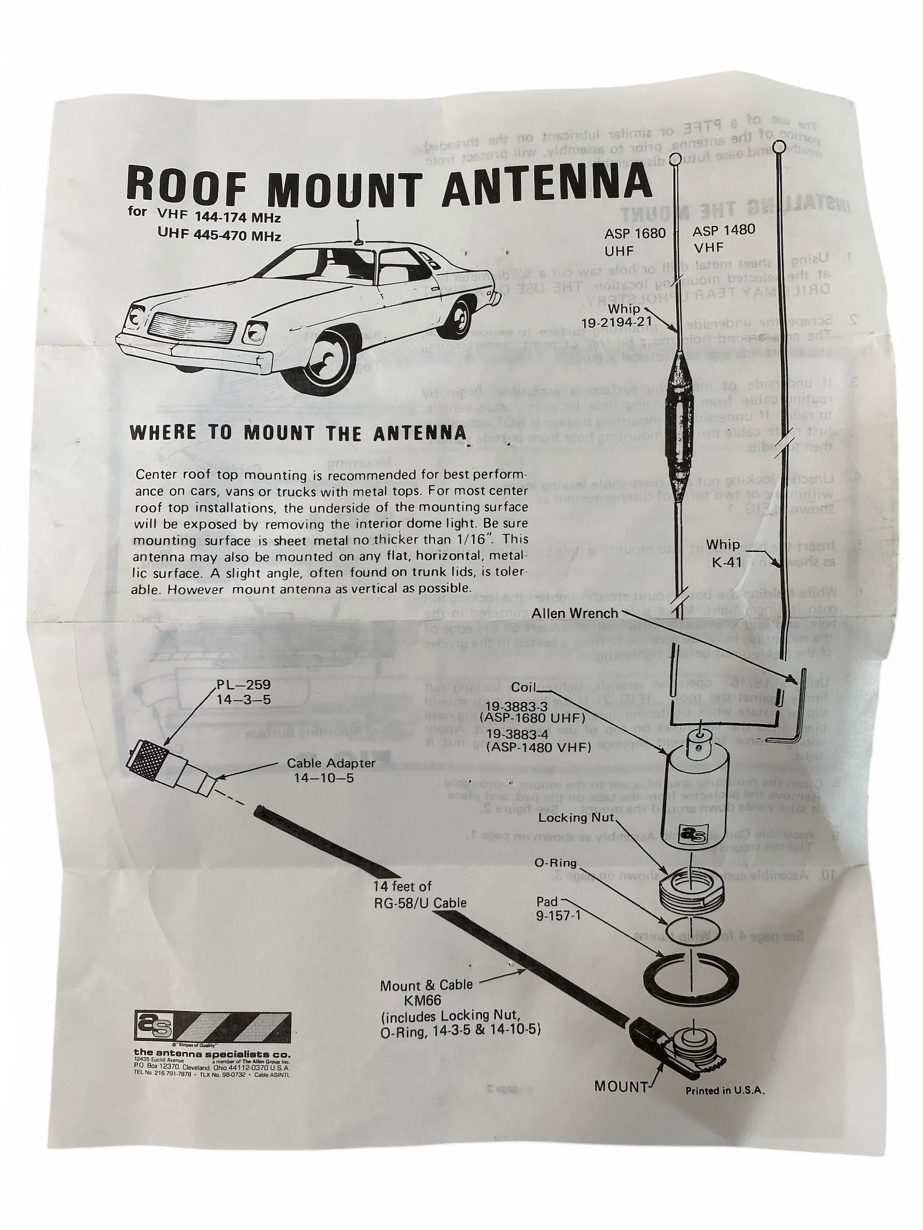 Antenna Specialists ASP-1680 34" UHF NMO Mount Mobile Antenna (445-470 ...