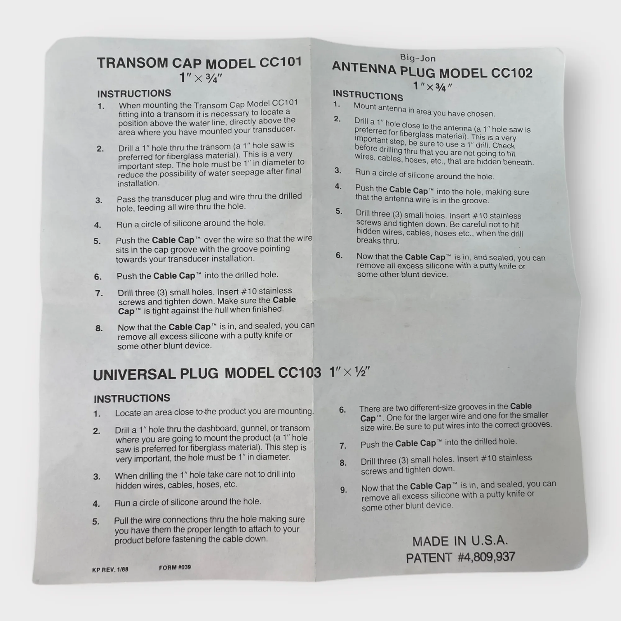 Big Jon CC102 1" x 3/4" Antenna Cable Hole Fitting For Marine ...