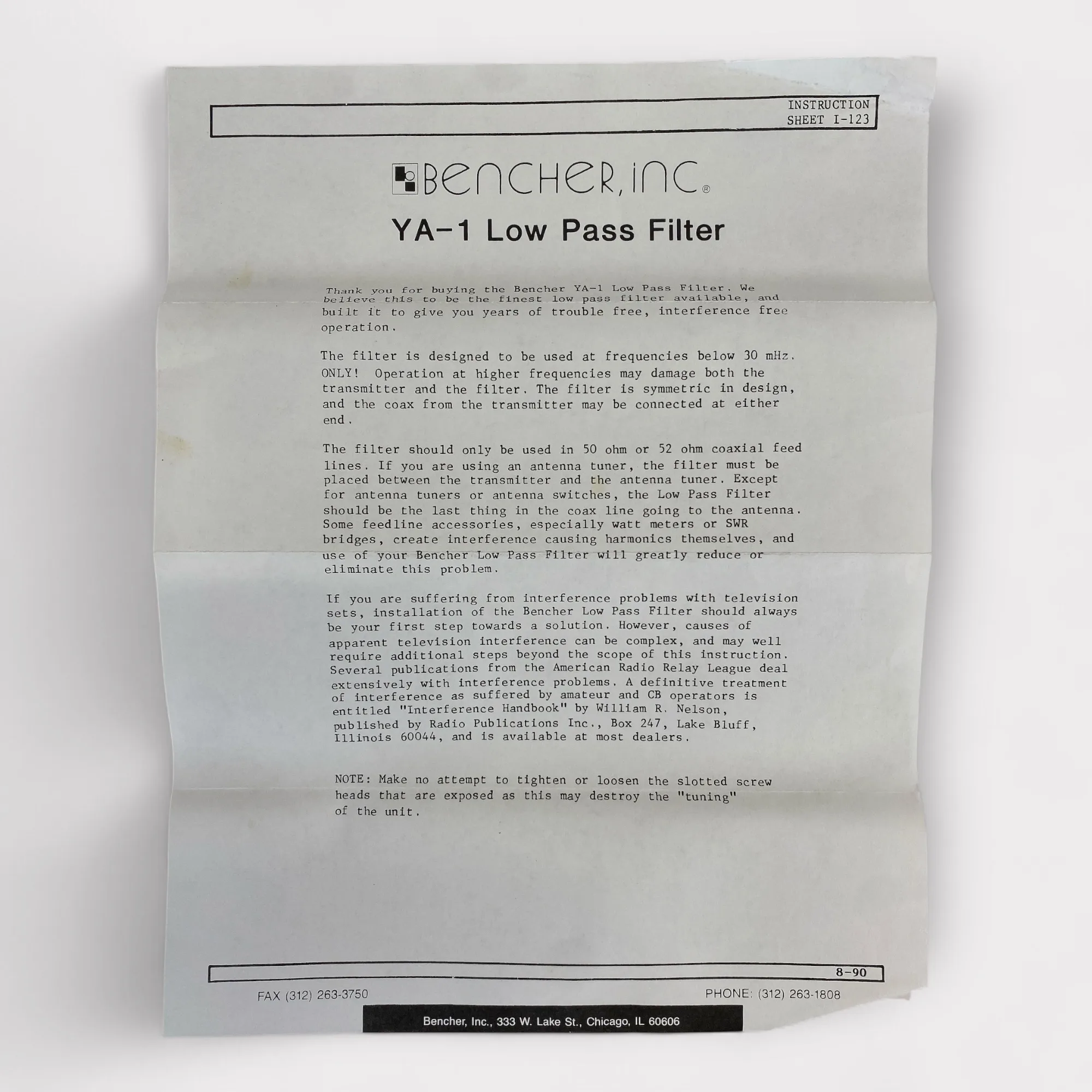 Bencher YA-1 Low Pass TVI Filter For Ham/Amateur HF Radio (1.8-30 MHz ...